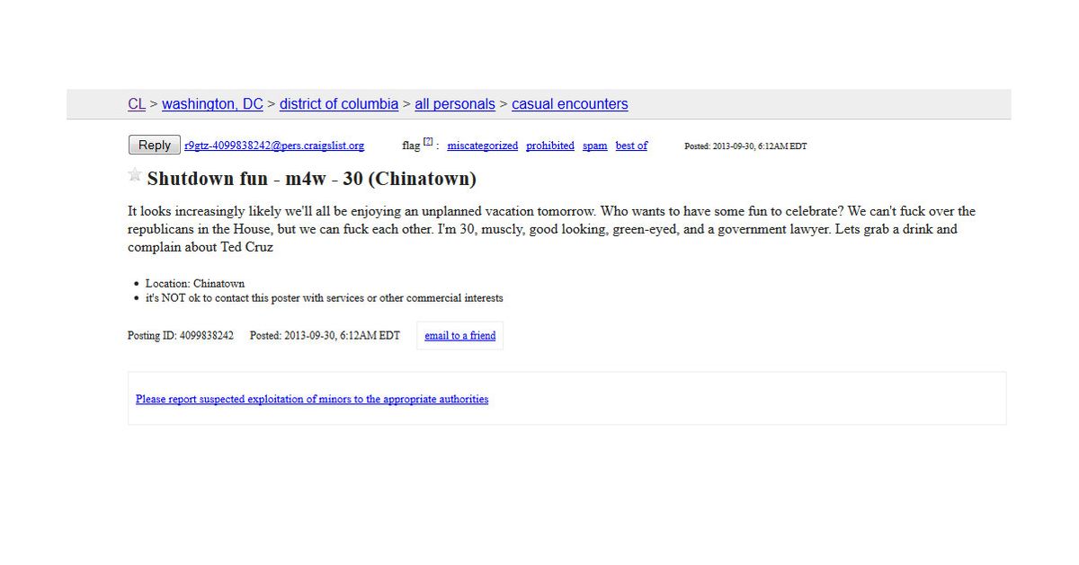 Government Shutdown Has Dc Looking For Casual Sex On Craigslist 