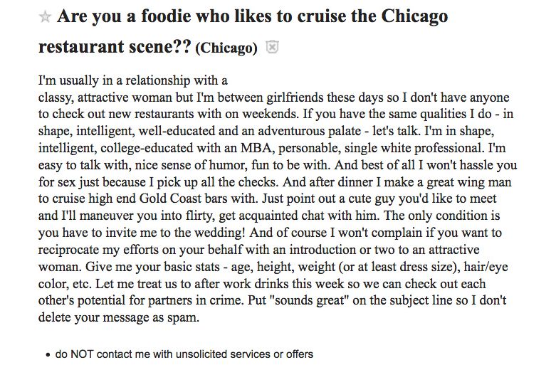 Creepy Craigslister Seeks Woman to ‘Cruise’ Restaurant Scene Creepy Craigslister Seeks Woman to ‘Cruise’ Restaurant Scene