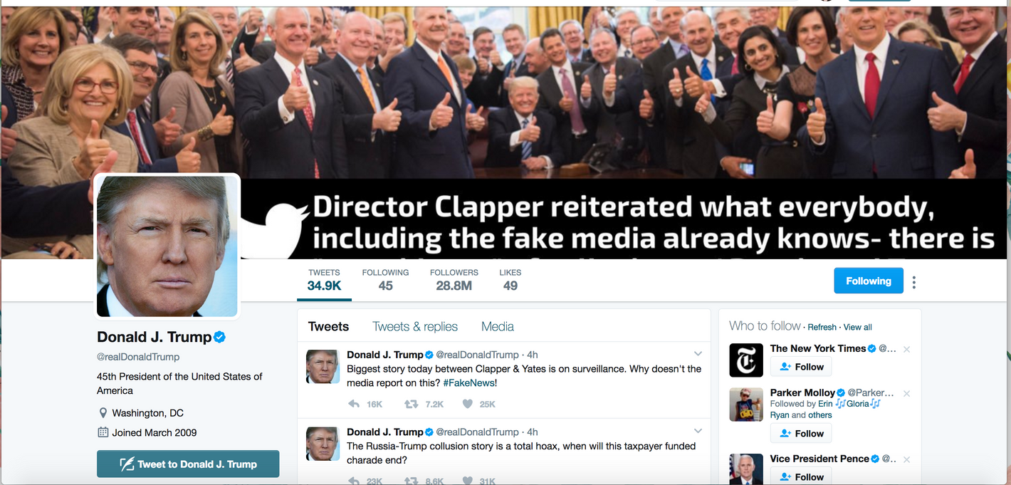 Trump Puts Russia Collusion Denial in His Twitter Header