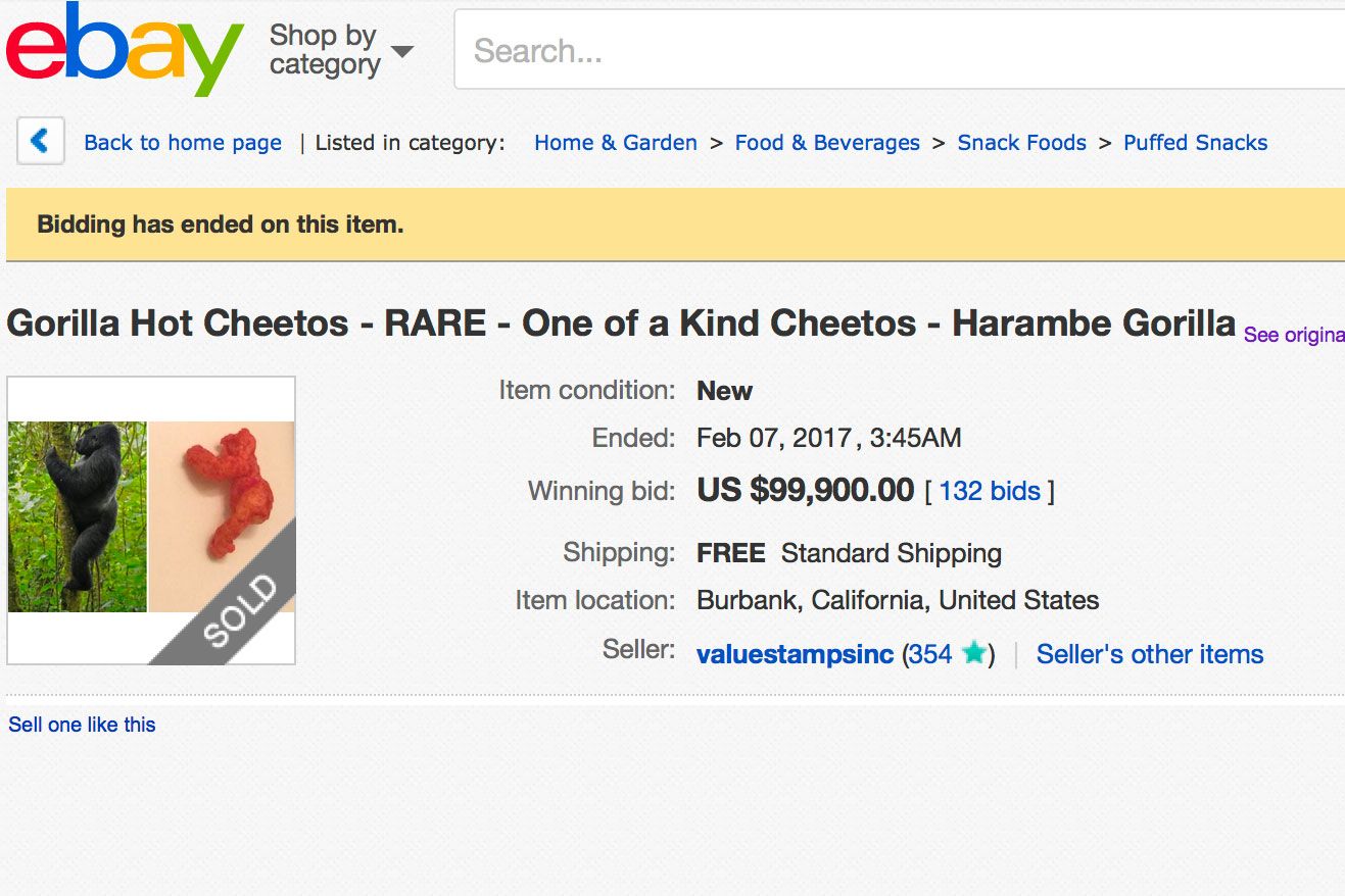 Cheeto Shaped Like Harambe Sells for $100K on eBay