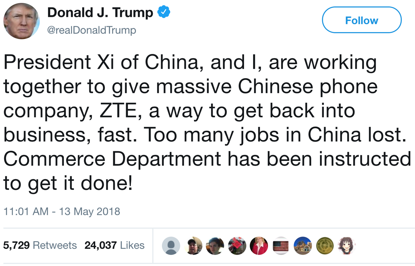 Trump Vows to Help Sanctioned Chinese Tech Company, ZTE