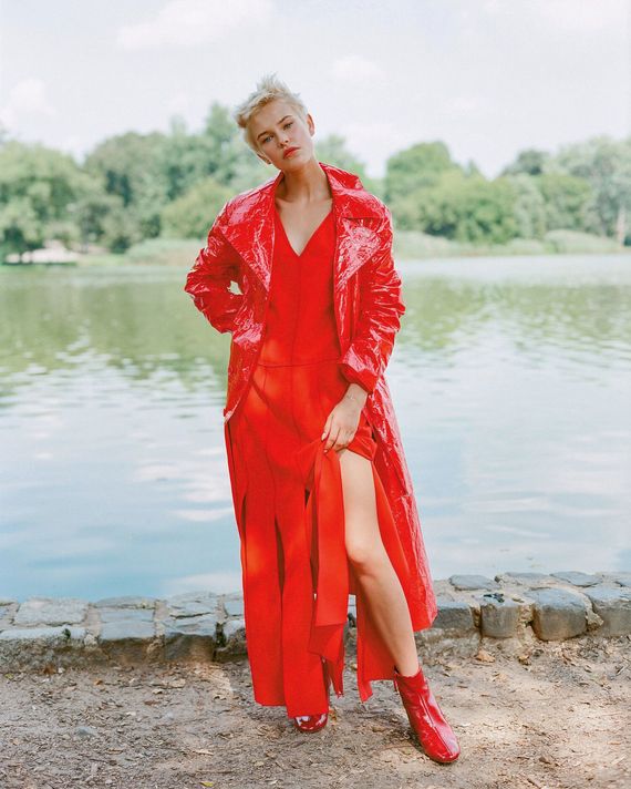 That’s a Good Look: All-Red Look With Vinyl Raincoat