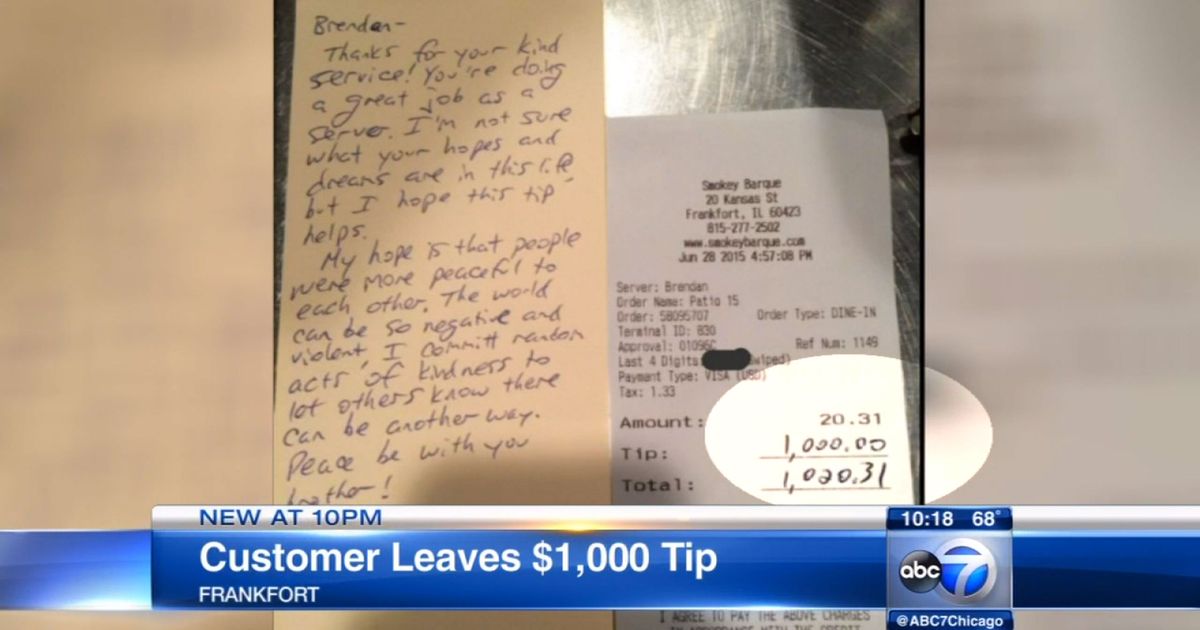 Random Customer Leaves $1,000 Tip to Help Teenage Waiter Achieve His ...