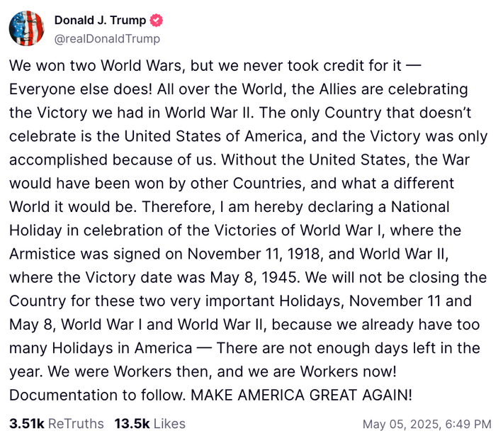 Trump Declares Two New Holidays, Says You Still Have to Work