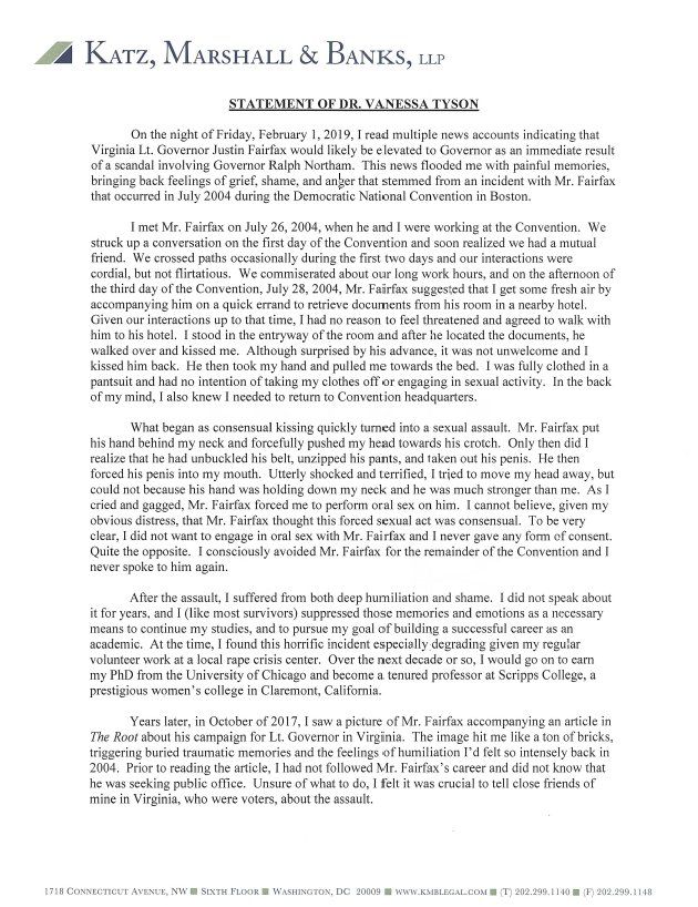Read the Letter Accusing VA Lt Gov Fairfax of Sexual Assault