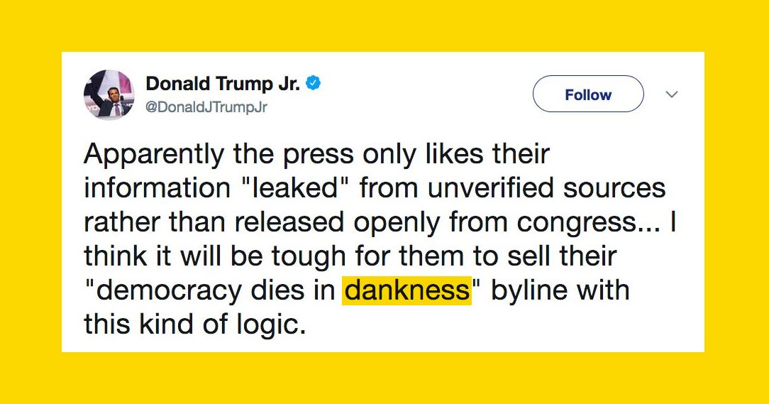 Donald Trump Jr. Tweets ‘Democracy Dies in Dankness’