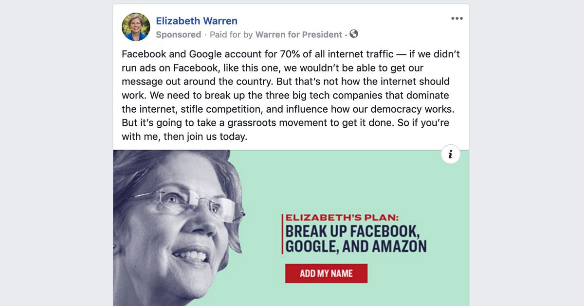 Facebook Accidentally Removed Elizabeth Warren’s Anti-FB Ads