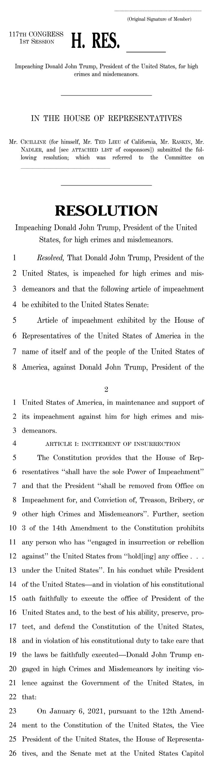 Read the House’s Impeachment Article Against President Trump