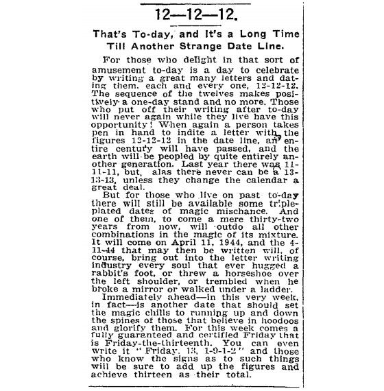 People Celebrated 12/12/12 100 Years Ago by ‘Writing a Great Many Letters’